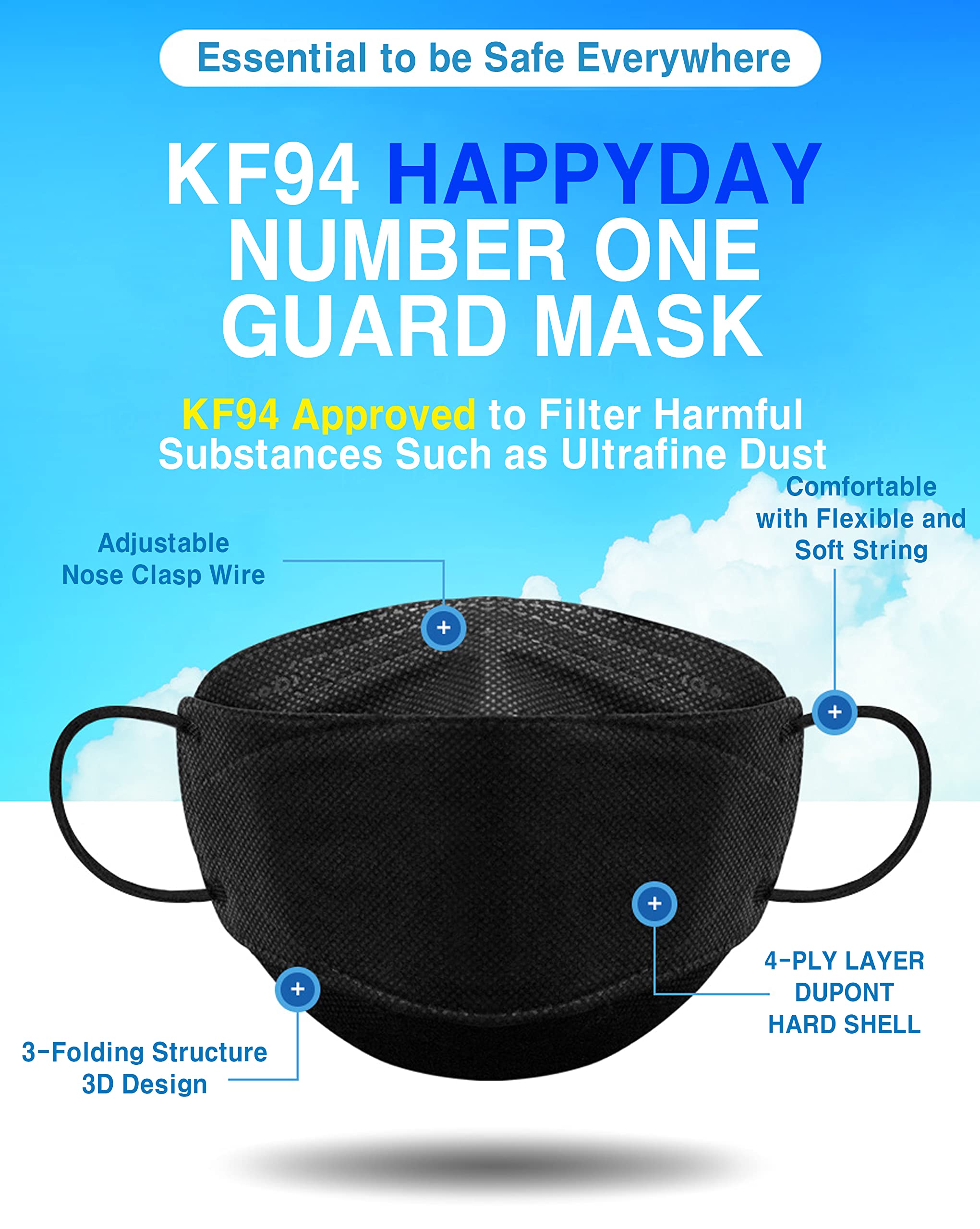 HAPPYDAY , 25 Packs, Made in KOREA Premium KF94 Micro Dust Protection Individually Packaged Black Face Mask Large