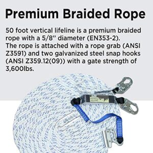 AFP 50FT Fall Protection Roofer Kit Braided Vertical Lifeline w/Rope Grab, 1 D-Ring Safety Harness, Hinged Anchor, Ballistic Nylon Tool Bag, Free Tool Lanyard | OSHA & ANSI Rated