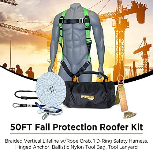 AFP 50FT Fall Protection Roofer Kit Braided Vertical Lifeline w/Rope Grab, 1 D-Ring Safety Harness, Hinged Anchor, Ballistic Nylon Tool Bag, Free Tool Lanyard | OSHA & ANSI Rated