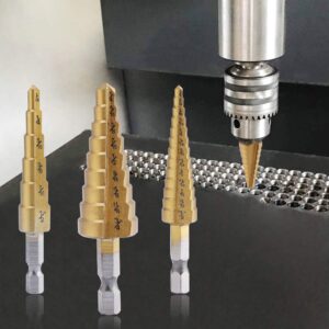 Aleric Step Drill Bit Set - Titanium Coated, High Speed Steel Drill Cone Bits for Sheet Metal Hole Drilling Cutting, HSS Multi Size Hole Stepped Up Unibit for DIY Lovers,3pcs