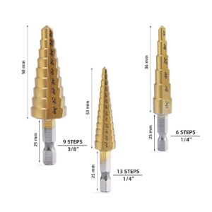 Aleric Step Drill Bit Set - Titanium Coated, High Speed Steel Drill Cone Bits for Sheet Metal Hole Drilling Cutting, HSS Multi Size Hole Stepped Up Unibit for DIY Lovers,3pcs