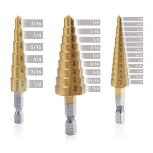 Aleric Step Drill Bit Set - Titanium Coated, High Speed Steel Drill Cone Bits for Sheet Metal Hole Drilling Cutting, HSS Multi Size Hole Stepped Up Unibit for DIY Lovers,3pcs