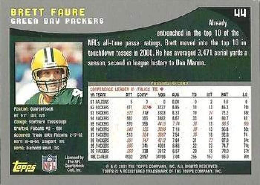 2001 Topps Football #44 Brett Favre Green Bay Packers Official NFL Trading Card from Pack