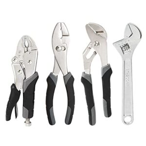 amazon basics 4-piece plier and wrench set with 7-inch locking plier, 8-inch slip-joint plier, 8-inch groove joint plier, and 8-inch adjustable wrench