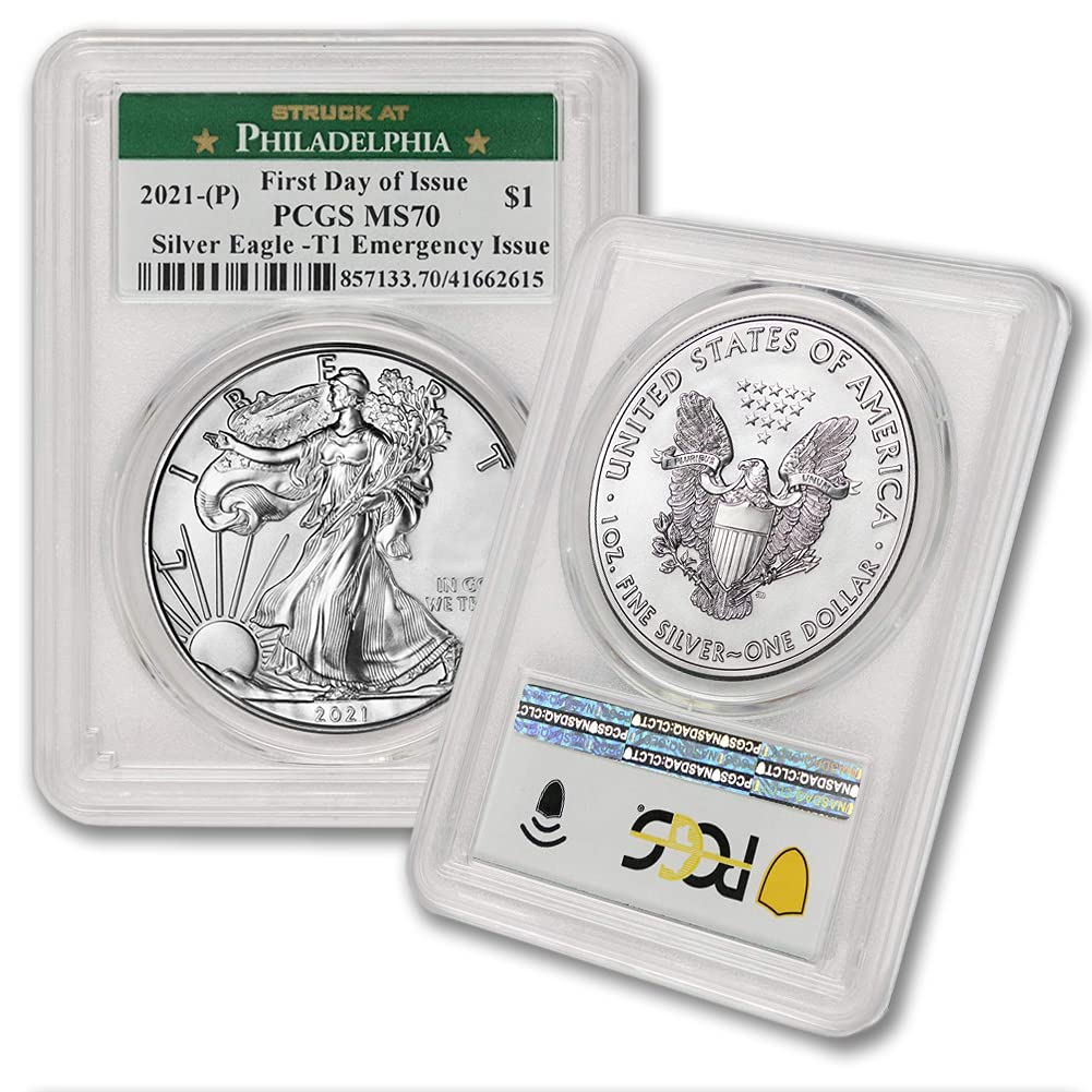 2021 (P) 1 oz American Silver Eagle MS-70 (MS70 - Struck at Philadelphia - T-1 - Covid Emergency Issue - First Day of Issue) $1 Mint State PCGS