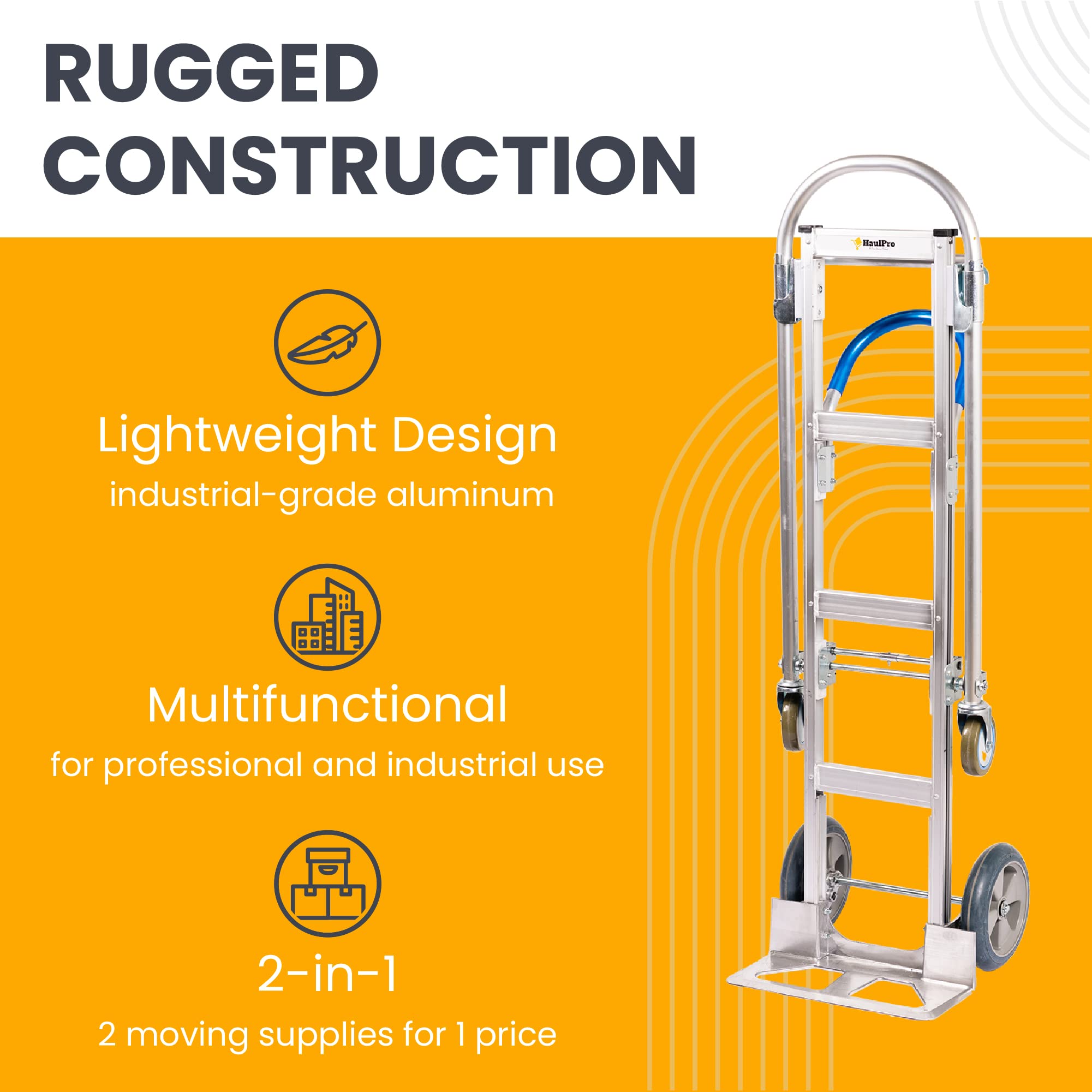 HaulPro Fully Assembled Senior Convertible Hand Truck - Heavy Duty Loads 1,000 lbs. Aluminum Moving Dolly Converts from Hand Truck to Platform Push Cart in Seconds - Utility Cart with Anti Slip Handle