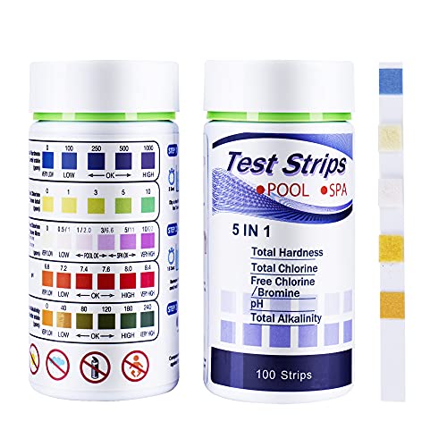 SuperCheck 5-in-1 Test Strips for Testing Chemicals Content in Pool and Spa, 6 Parameters, 100 Count, Swimming Water Test Kits for Hardness, Chlorine, Bromine, pH and Alkalinity, Pool Water Tester