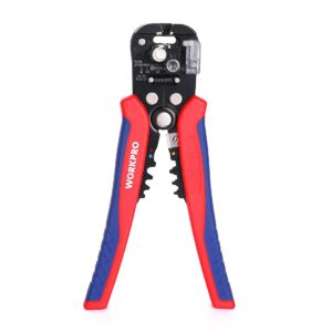 workpro self adjusting wire stripper, 3-in-1 automatic wire stripper/cutter/crimper, awg10-24, 8 inch multi pliers for electrical wire stripping, cable cutting, crimping,red&blue