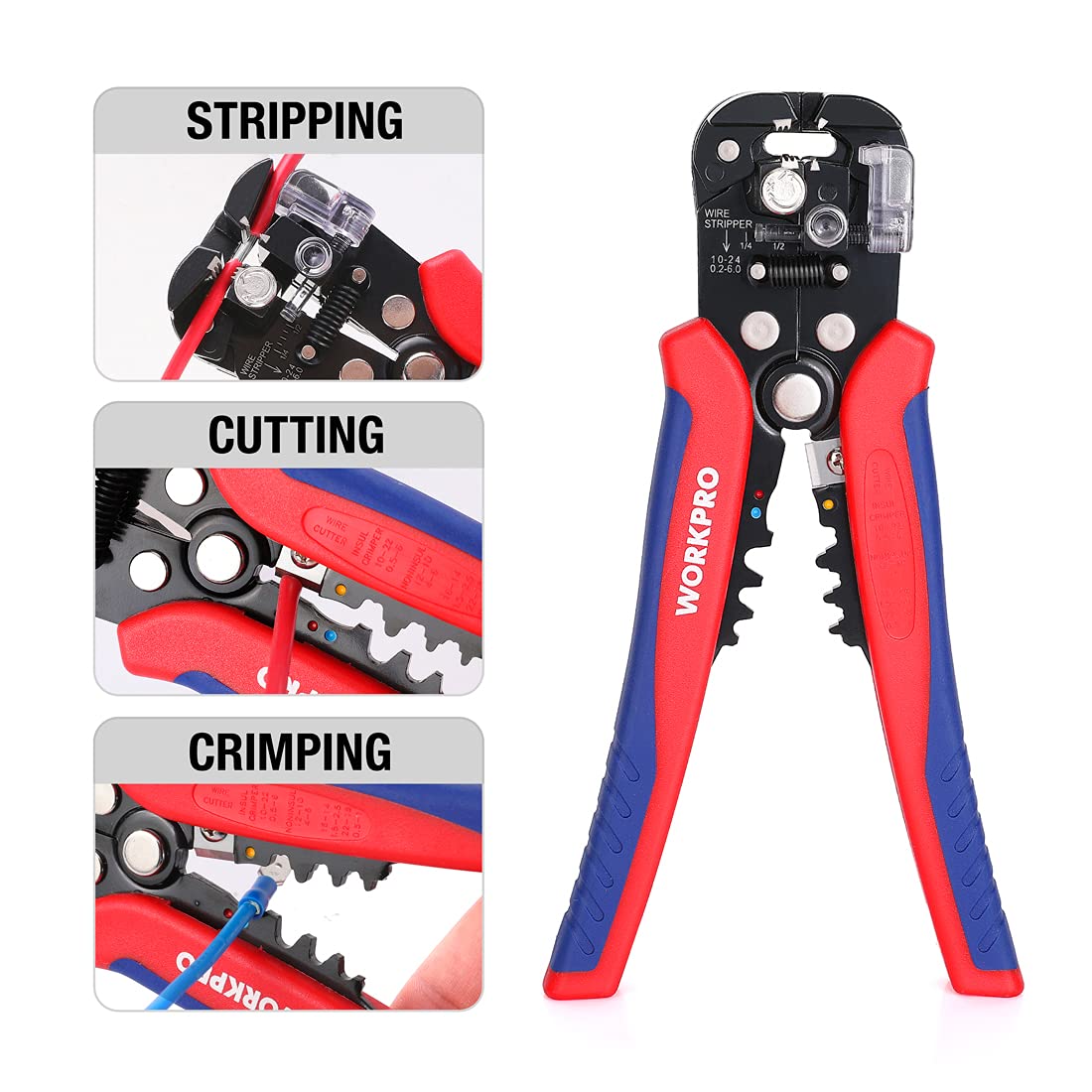 WORKPRO Self Adjusting Wire Stripper, 3-in-1 Automatic Wire Stripper/Cutter/Crimper, AWG10-24, 8 Inch Multi Pliers For Electrical Wire Stripping, Cable Cutting, Crimping,Red&blue