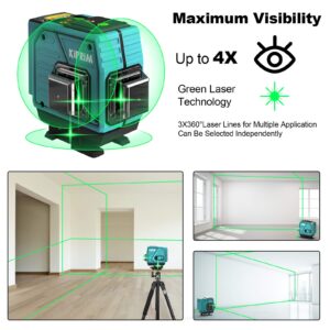 Kiprim 3x360° Green Laser Level Self-Leveling Tool 100ft for Construction Adjustbable Brightness, Remote Controller, Magnetic Rotating Stand,Portable Bag and Adapter Included