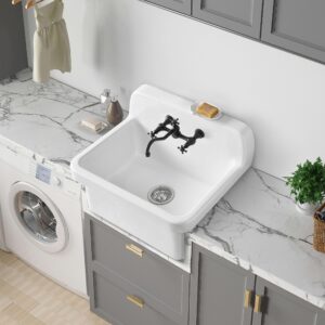 ellai 24 inch white ceramic farm style wall mount utility sink high back wall mounted laundry tub 10 gallon farmhouse sink slop sink for laundry room, garage, kitchen, bathroom 24" x 19" x 16.5"