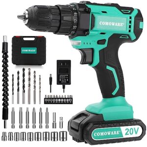 comoware 20v cordless drill, electric power drill set with 1 battery & charger, 3/8” keyless chuck, 2 variable speed, 266 in-lb torque, 25+1 position and 34pcs drill/driver bits