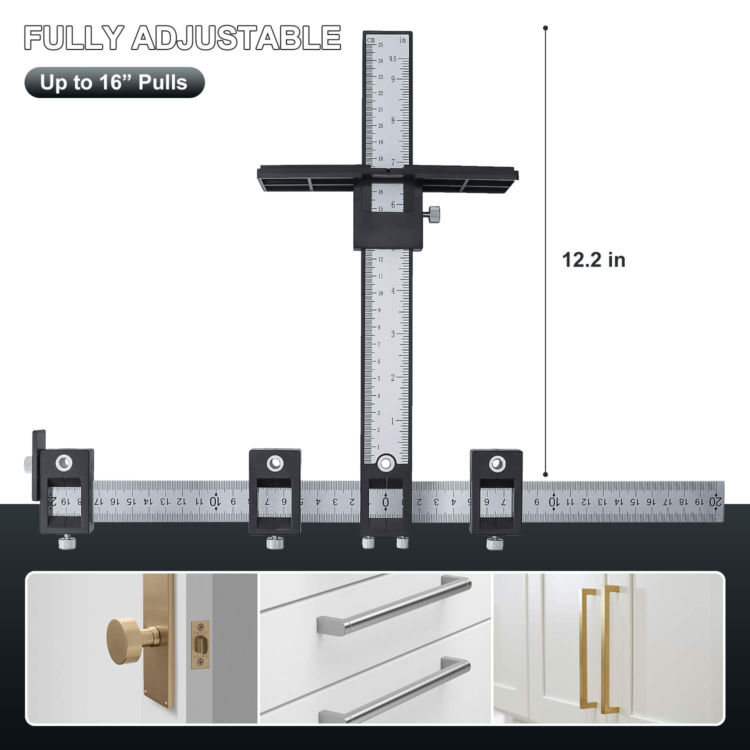 Cabinet Hardware Jig Tool - Adjustable Punch Locator Drill Template Guide, Wood Drilling Dowelling Guide for Installation of Handles Knobs on Doors and Drawer,Black