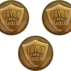 You are The Lord's Favored, Bulk Pack of 3 Religious Pocket Tokens of Prayer and Faith, Antique Gold-Color Plated Christian Challenge Coins, Inspirational Psalm 5:12 Church Handout Gifts