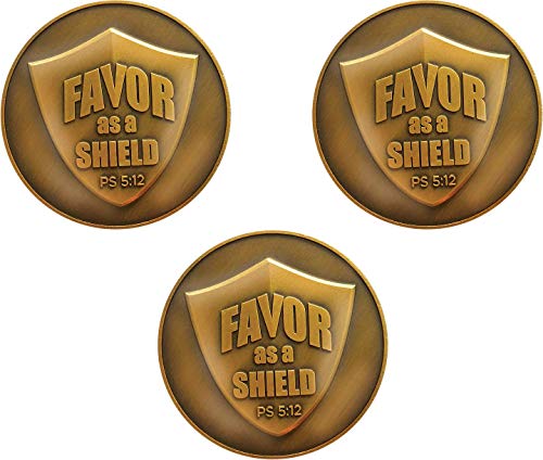 You are The Lord's Favored, Bulk Pack of 3 Religious Pocket Tokens of Prayer and Faith, Antique Gold-Color Plated Christian Challenge Coins, Inspirational Psalm 5:12 Church Handout Gifts