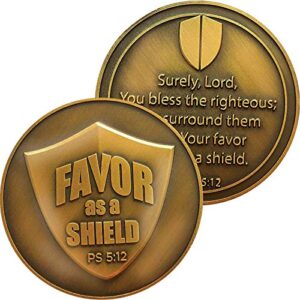 You are The Lord's Favored, Bulk Pack of 3 Religious Pocket Tokens of Prayer and Faith, Antique Gold-Color Plated Christian Challenge Coins, Inspirational Psalm 5:12 Church Handout Gifts