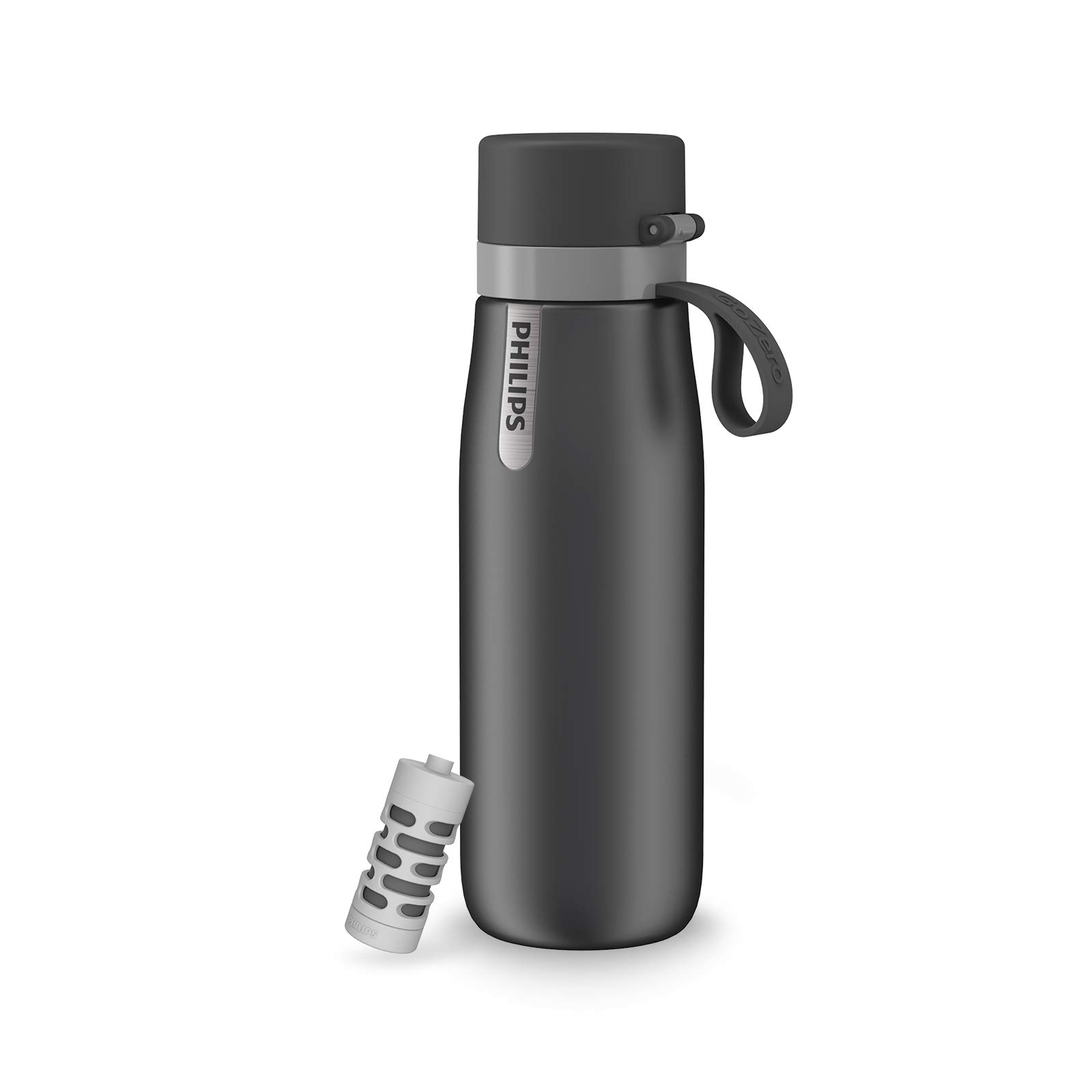 PHILIPS Everyday Insulated Stainless Steel Filtered Water Bottle with Philips GoZero Everyday Water Filter, BPA Free, Purify Tap Water into Healthy Tastier Water Keep Drink Hot/Cold, 18.6 oz. Grey