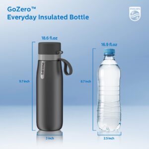 PHILIPS Everyday Insulated Stainless Steel Filtered Water Bottle with Philips GoZero Everyday Water Filter, BPA Free, Purify Tap Water into Healthy Tastier Water Keep Drink Hot/Cold, 18.6 oz. Grey