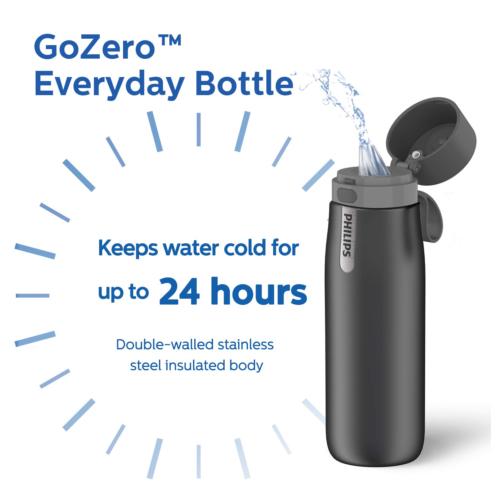 PHILIPS Everyday Insulated Stainless Steel Filtered Water Bottle with Philips GoZero Everyday Water Filter, BPA Free, Purify Tap Water into Healthy Tastier Water Keep Drink Hot/Cold, 18.6 oz. Grey