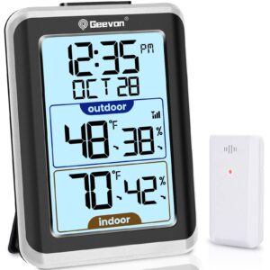 geevon indoor outdoor thermometer wireless digital hygrometer temperature gauge with time, 200ft/60m range temperature humidity sensor