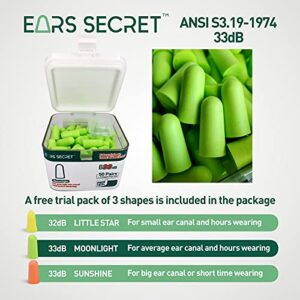 EARS SECRET Foam Ear Plugs for Sleeping, 50+3Pairs Earplugs 38dB Comfortable Ear Plugs for Sleeping Noise Cancelling, Travel, Snoring, Concert, Loud Noise, Shooting, Studying and Work