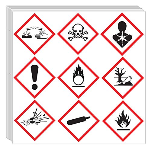 GHS Batch Pictogram Stickers Labels , OSHA Compliant, 2" x 2" Safety Decal Sticker,Corrosion, Environment, Exclamation Mark, Exploding Bomb, Skull & Crossbones,Health Hazard ,Flame, Flame O (504 Pcs)