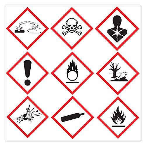 GHS Batch Pictogram Stickers Labels , OSHA Compliant, 2" x 2" Safety Decal Sticker,Corrosion, Environment, Exclamation Mark, Exploding Bomb, Skull & Crossbones,Health Hazard ,Flame, Flame O (504 Pcs)