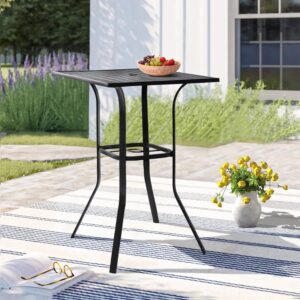 Betterland Patio Bar Table, Outdoor Square Bar Height Table Metal Bar Bistro Table, Metal Frame & Slat Tabletop with 1.57" Umbrella Hole