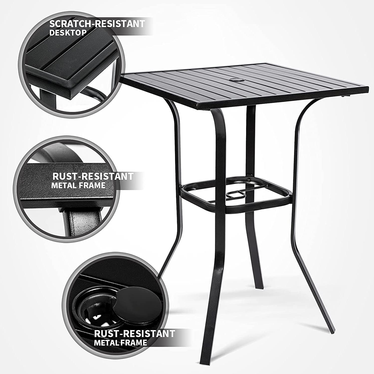 Betterland Patio Bar Table, Outdoor Square Bar Height Table Metal Bar Bistro Table, Metal Frame & Slat Tabletop with 1.57" Umbrella Hole