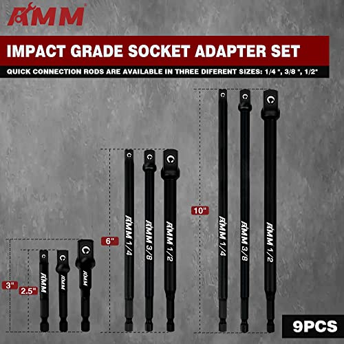 AMM 9-Piece Impact Grade Socket Adapter Set，1/4", 3/8", and 1/2" Drive | 3", 6", and 12" Socket Driver Adaptor，Adapt Your Power Drill To High Torque Impact Wrench