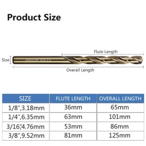 3/8 Inch Cobalt Drill Bits(5Pcs), HPHOPE M35 HSS Metal Twist Drill Bits Set, Jobber Drill Bits Length and Straight Shank, Suitable for Drilling in Hard Metal, Stainless Steel, Cast Iron