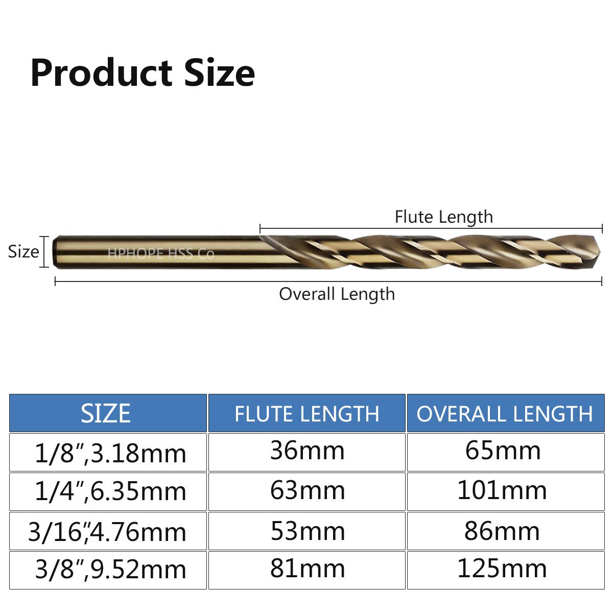 3/8 Inch Cobalt Drill Bits(5Pcs), HPHOPE M35 HSS Metal Twist Drill Bits Set, Jobber Drill Bits Length and Straight Shank, Suitable for Drilling in Hard Metal, Stainless Steel, Cast Iron