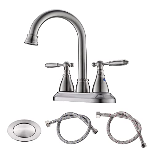 BRAVEBAR Two Handles Brushed Nickel Bathroom Faucets - 4In Centerset Bathroom Sink Faucet | 2 or 3 Hole Classical Lavatory Vanity Sink Faucets with Pop-up Drain Durable & Safety