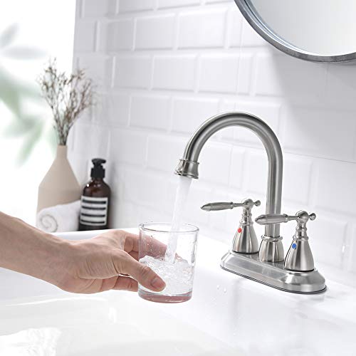 BRAVEBAR Two Handles Brushed Nickel Bathroom Faucets - 4In Centerset Bathroom Sink Faucet | 2 or 3 Hole Classical Lavatory Vanity Sink Faucets with Pop-up Drain Durable & Safety