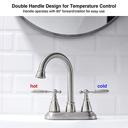 BRAVEBAR Two Handles Brushed Nickel Bathroom Faucets - 4In Centerset Bathroom Sink Faucet | 2 or 3 Hole Classical Lavatory Vanity Sink Faucets with Pop-up Drain Durable & Safety