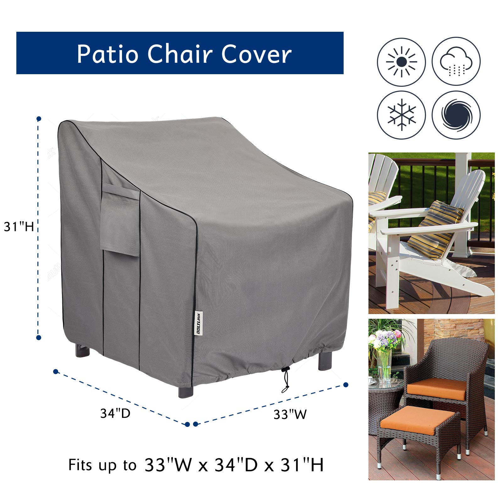 BOLTLINK Patio Chair Covers Waterproof, Heavy Duty Outdoor Furniture Covers Fits up to 33W x 34D x 31H inches -2 Pack