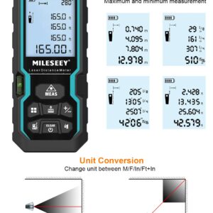 Laser Measure with Digital Angle Display, Mileseey by RockSeed 165 Feet with Electronic Level Control,M/in/Ft Unit Switching Backlit LCD and Pythagorean Mode, Measure Distance, Area, Volume