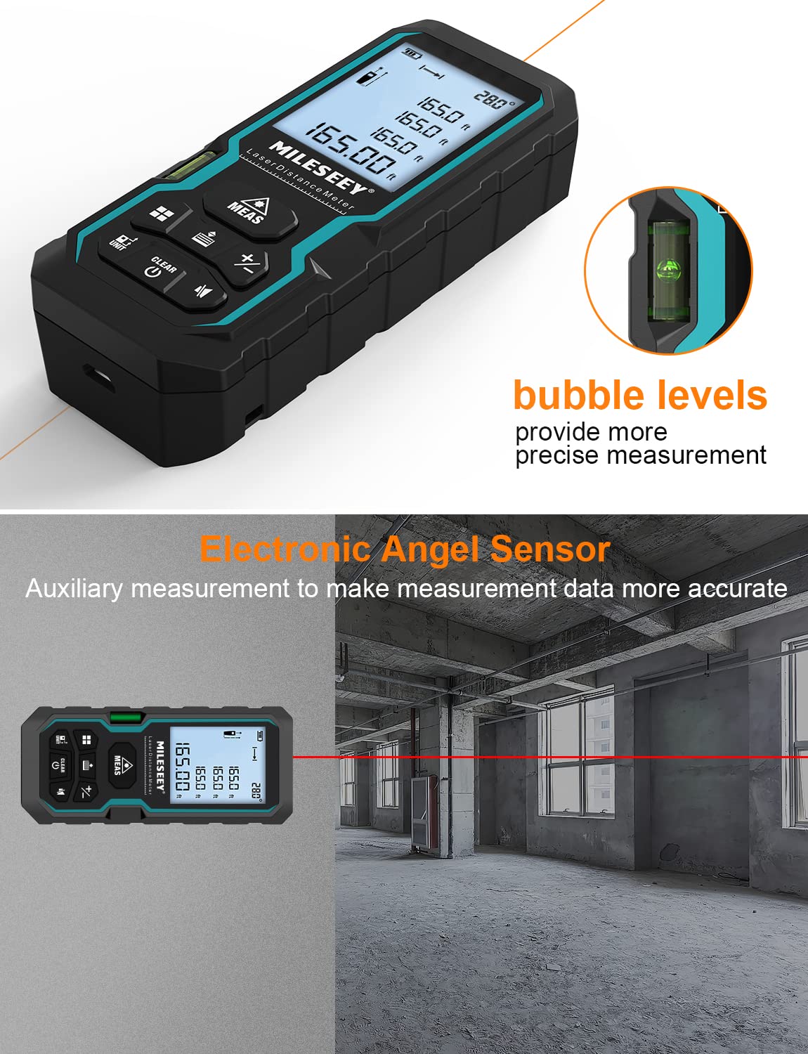 Laser Measure with Digital Angle Display, Mileseey by RockSeed 165 Feet with Electronic Level Control,M/in/Ft Unit Switching Backlit LCD and Pythagorean Mode, Measure Distance, Area, Volume