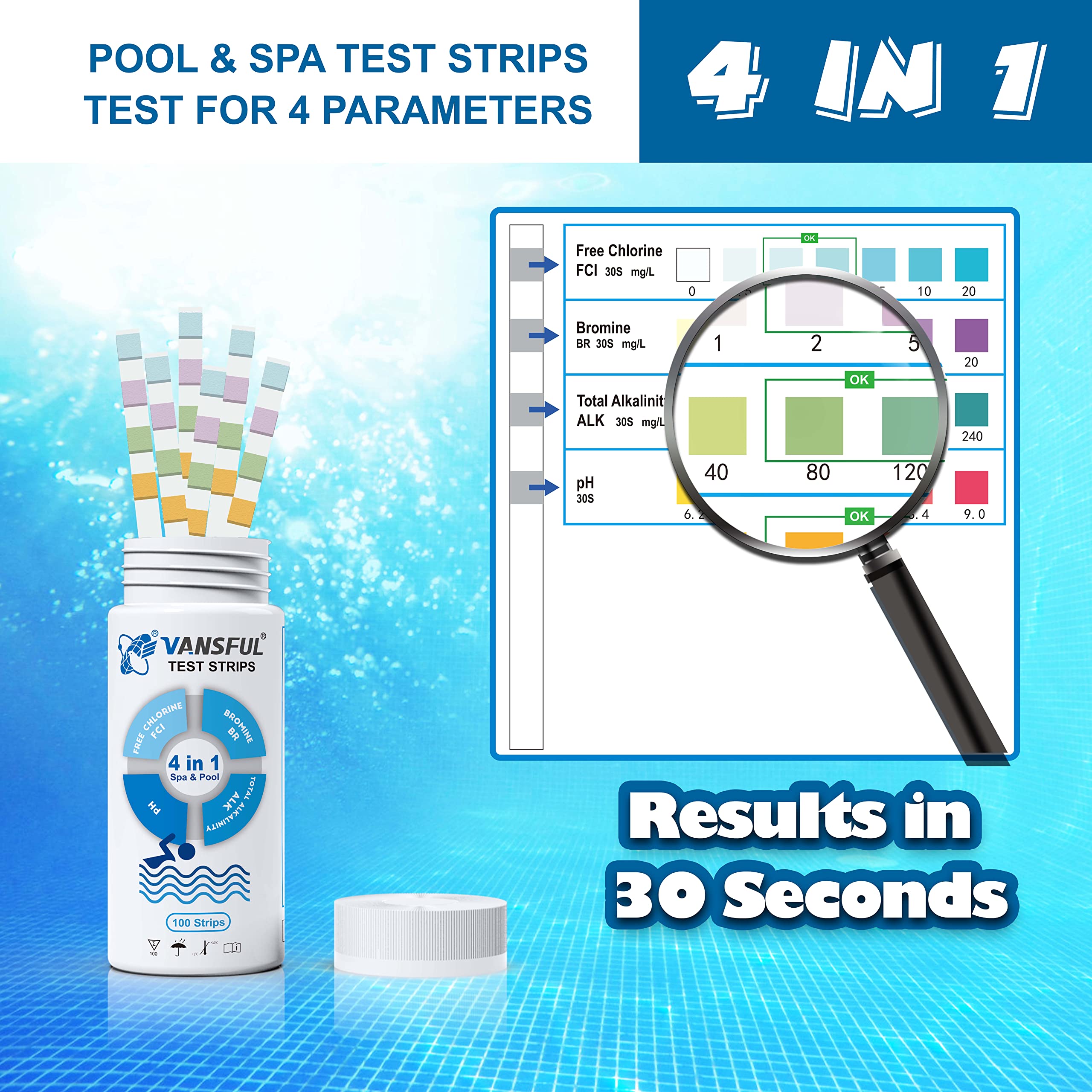 VANSFUL 4 in 1 Pool Test Strips 100 Count, SpaTest Strips, Hot Tubs Water Quality Testing kitat Home Free Chlorine, Total Bromine, Total Alkalinity, pH