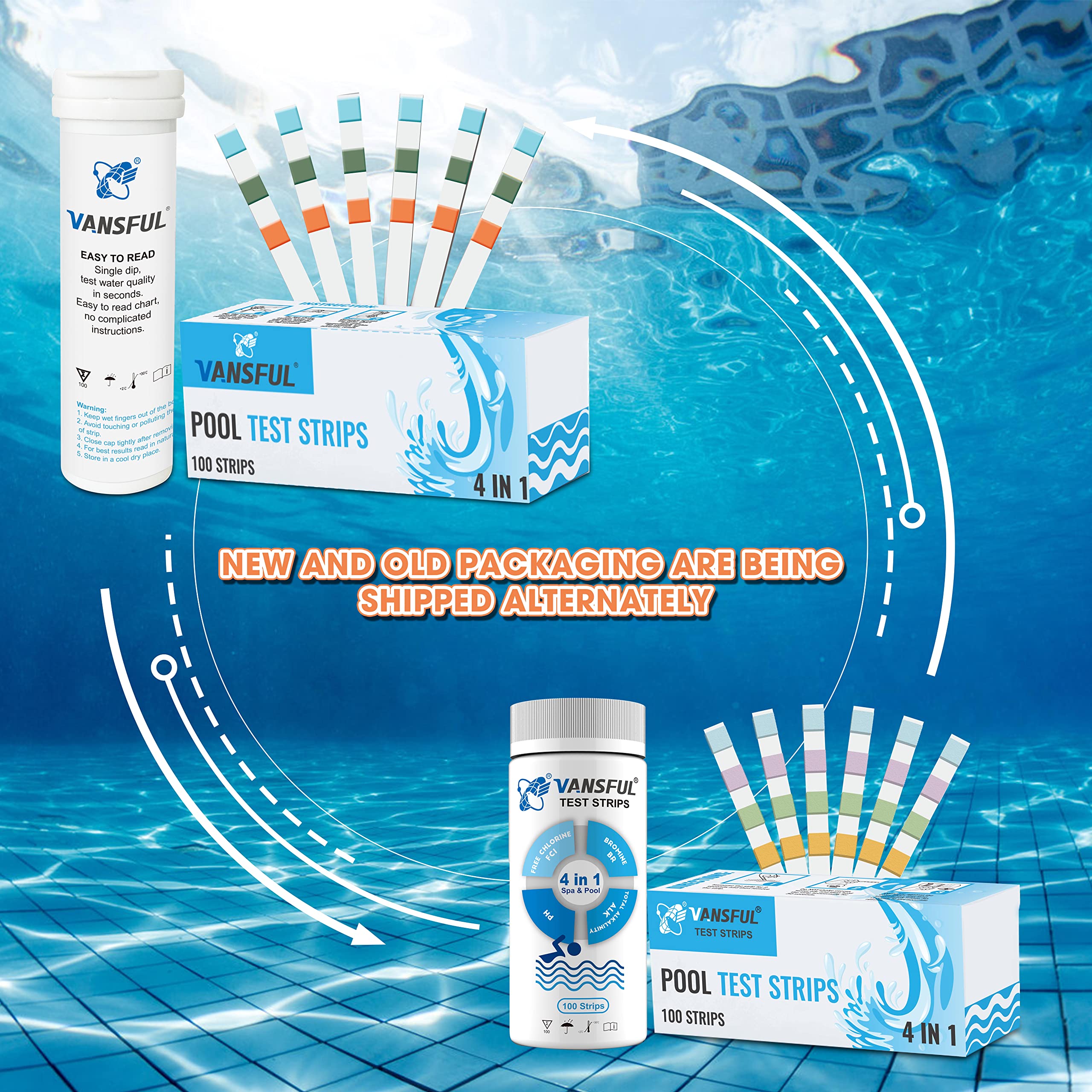 VANSFUL 4 in 1 Pool Test Strips 100 Count, SpaTest Strips, Hot Tubs Water Quality Testing kitat Home Free Chlorine, Total Bromine, Total Alkalinity, pH