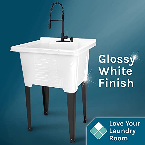 White Utility Sink by JS Jackson Supplies, Tehila Luxe Laundry Tub, Matte Black Hi-Arc Coil Faucet, Soap Dispenser