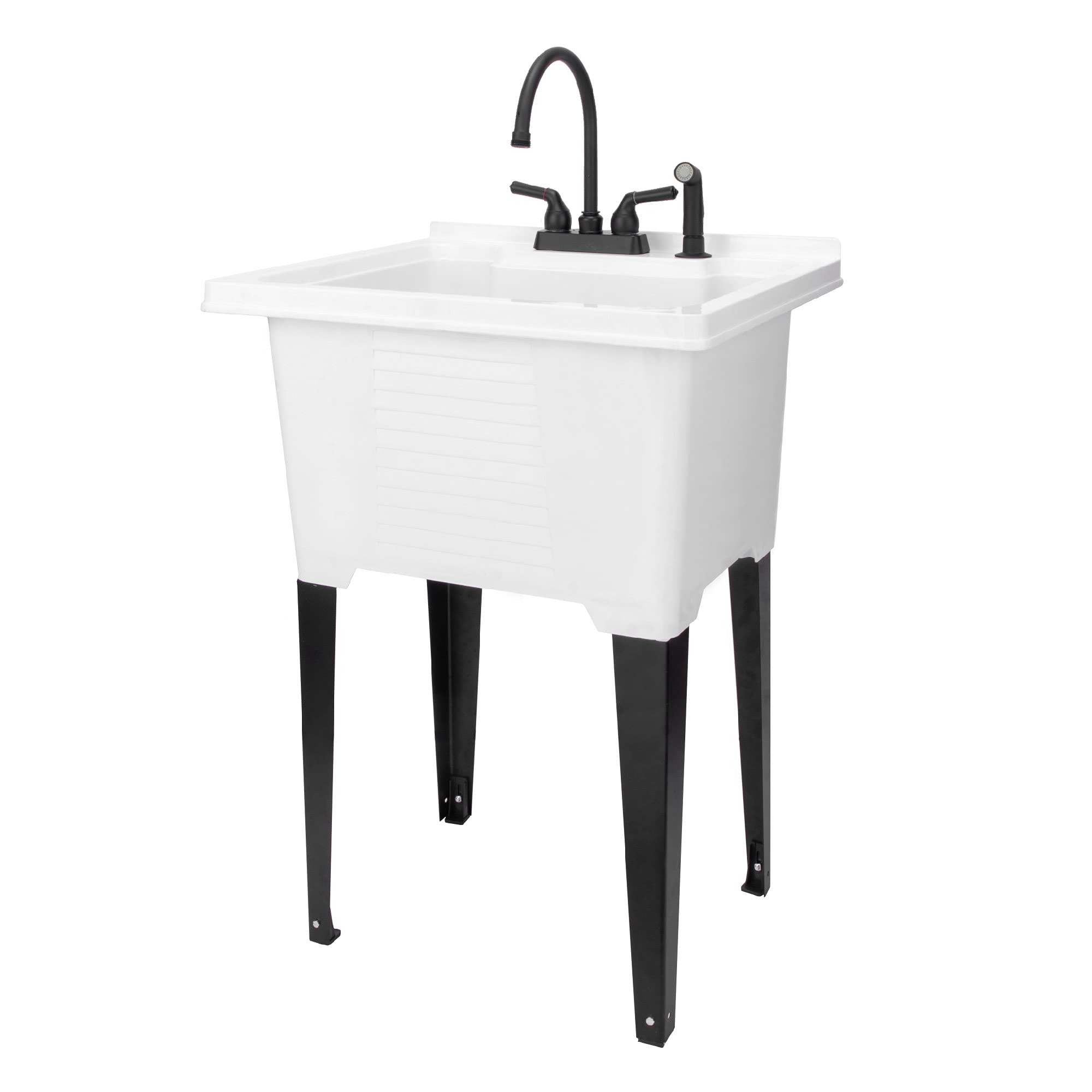 White Utility Sink by JS Jackson Supplies, Tehila Luxe Laundry Tub, Matte Black Gooseneck Faucet, Side Sprayer