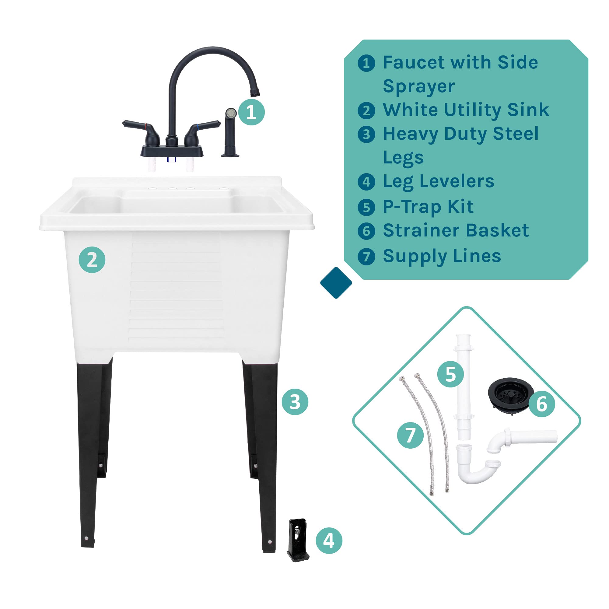 White Utility Sink by JS Jackson Supplies, Tehila Luxe Laundry Tub, Matte Black Gooseneck Faucet, Side Sprayer