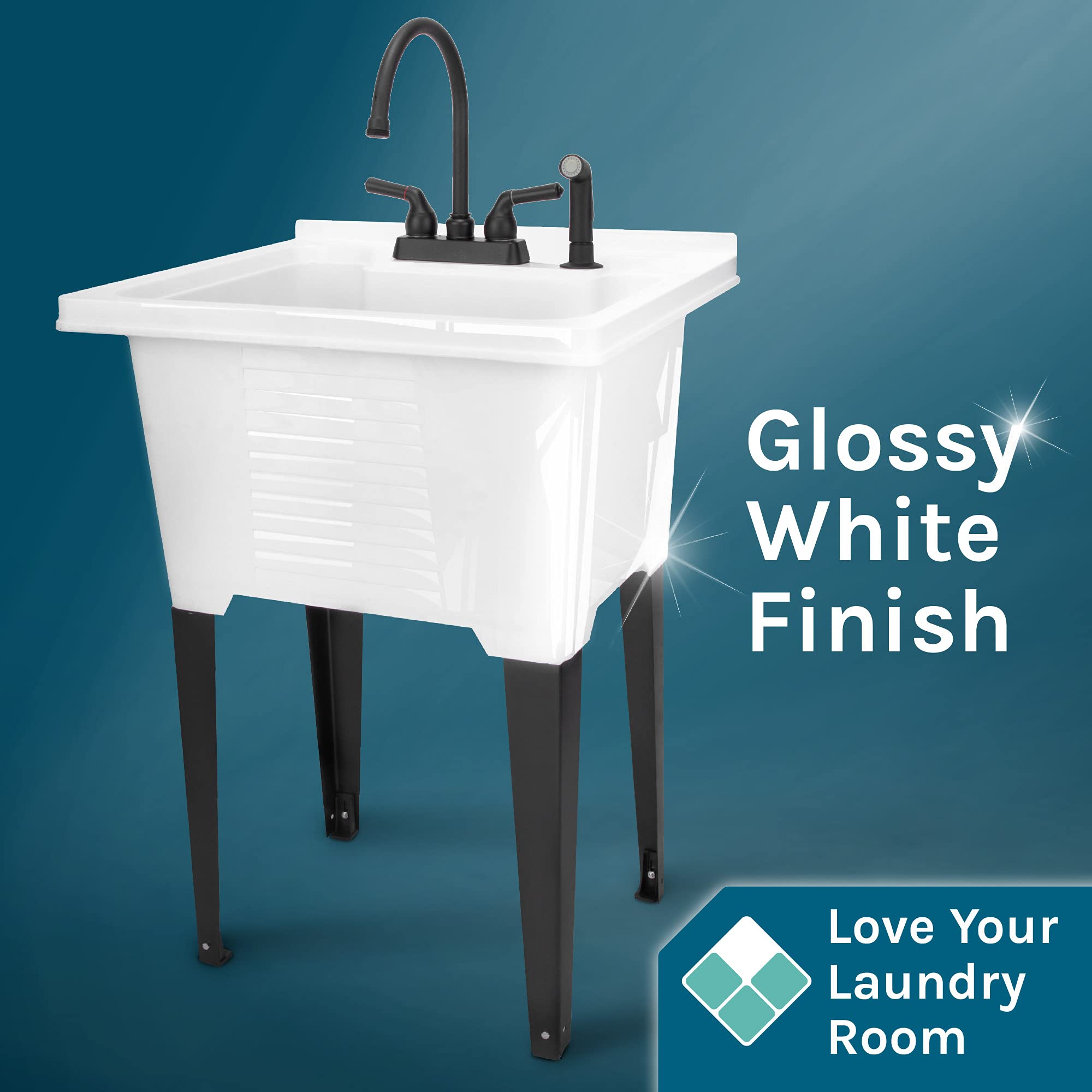 White Utility Sink by JS Jackson Supplies, Tehila Luxe Laundry Tub, Matte Black Gooseneck Faucet, Side Sprayer