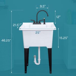 White Utility Sink by JS Jackson Supplies, Tehila Luxe Laundry Tub, Matte Black Gooseneck Faucet, Side Sprayer