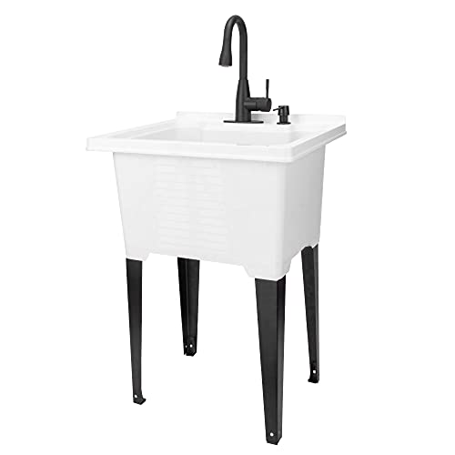 White Utility Sink by JS Jackson Supplies, Tehila Luxe Laundry Tub, Matte Black Pull-Down Faucet, Soap Dispenser