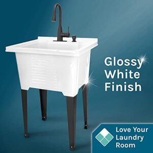 White Utility Sink by JS Jackson Supplies, Tehila Luxe Laundry Tub, Matte Black Pull-Down Faucet, Soap Dispenser