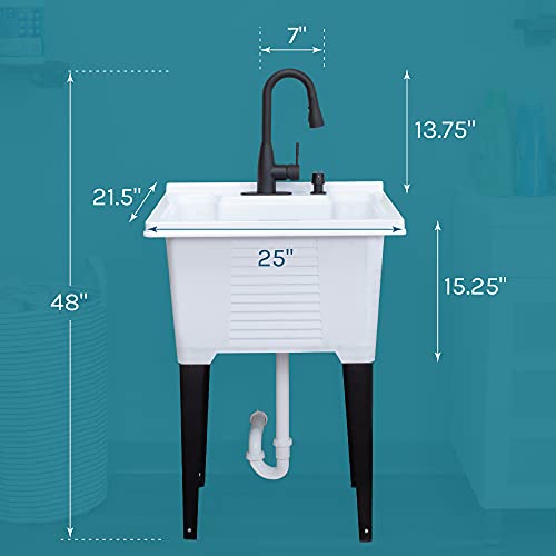 White Utility Sink by JS Jackson Supplies, Tehila Luxe Laundry Tub, Matte Black Pull-Down Faucet, Soap Dispenser