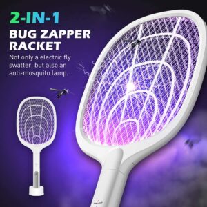 Bug Zapper, 3000 Volt Indoor & Outdoor Electric Fly Swatter, USB Rechargeable Mosquito Killer Racket for Home Bedroom, Kitchen,Office, Backyard, Patio,Safe to Touch with 3-Layer Safety Mesh