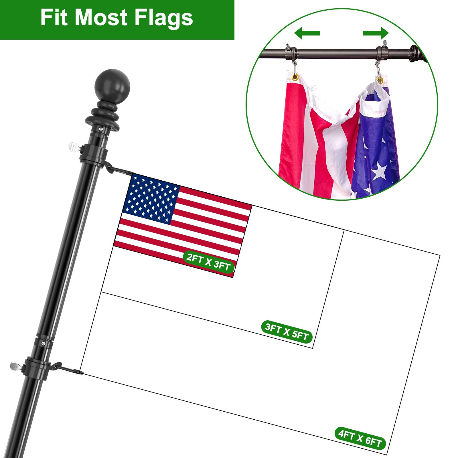 FFILY 5 FT Flag Poles for 3x5 Flags Outdoor, Flag Pole for Outside House with Tangle Free Flag Pole Rings, Heavy Duty American Flagpoles Residential kit for House, Porch